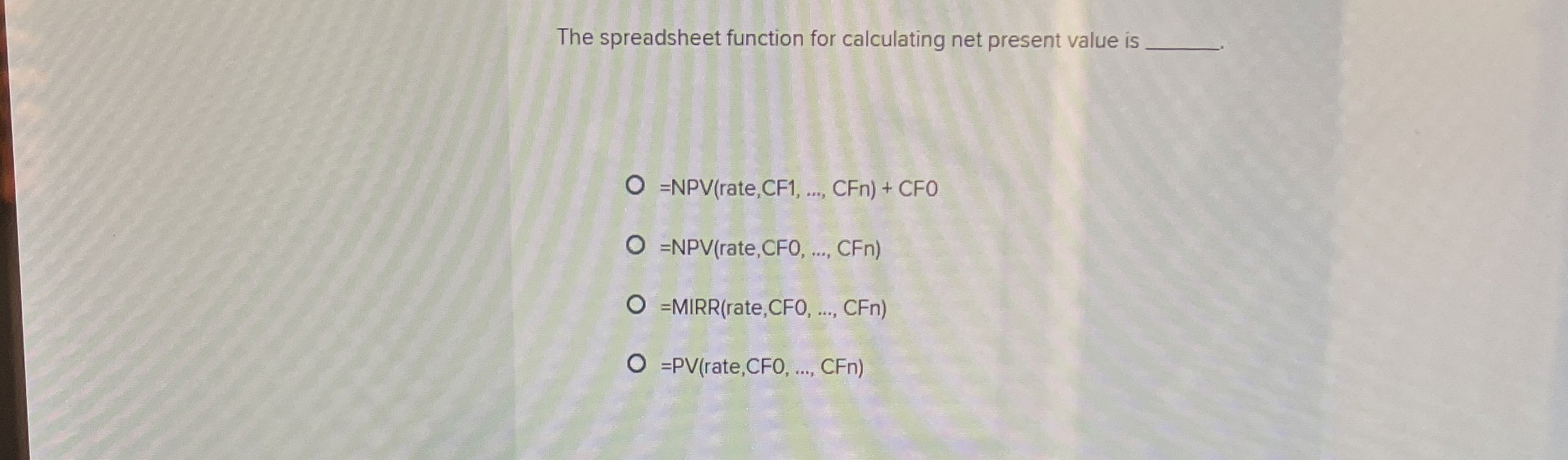 Solved The spreadsheet function for calculating net present | Chegg.com