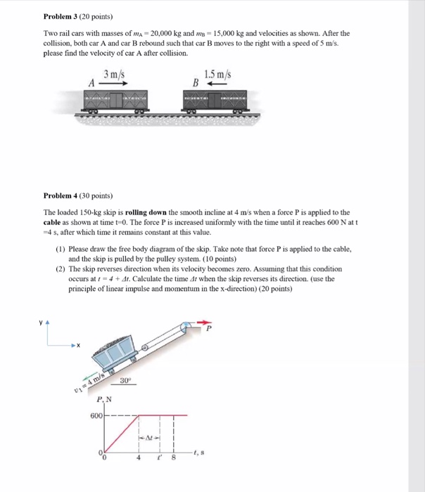 Solved Problem 3 (20 points) Two rail cars with masses of | Chegg.com