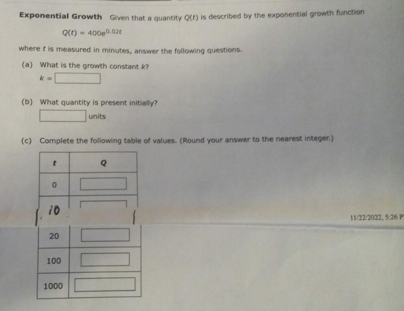Solved Exponential Growth Given that a quantity Q(t) is | Chegg.com