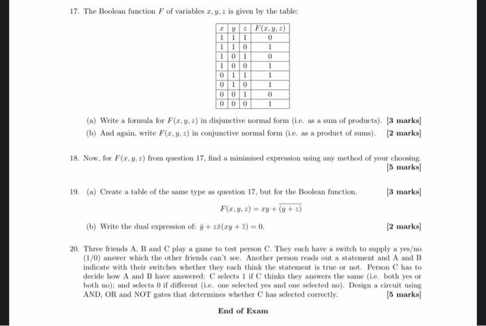 Solved 0 0 1 0 1 17. The Boolean function F of variables x, | Chegg.com