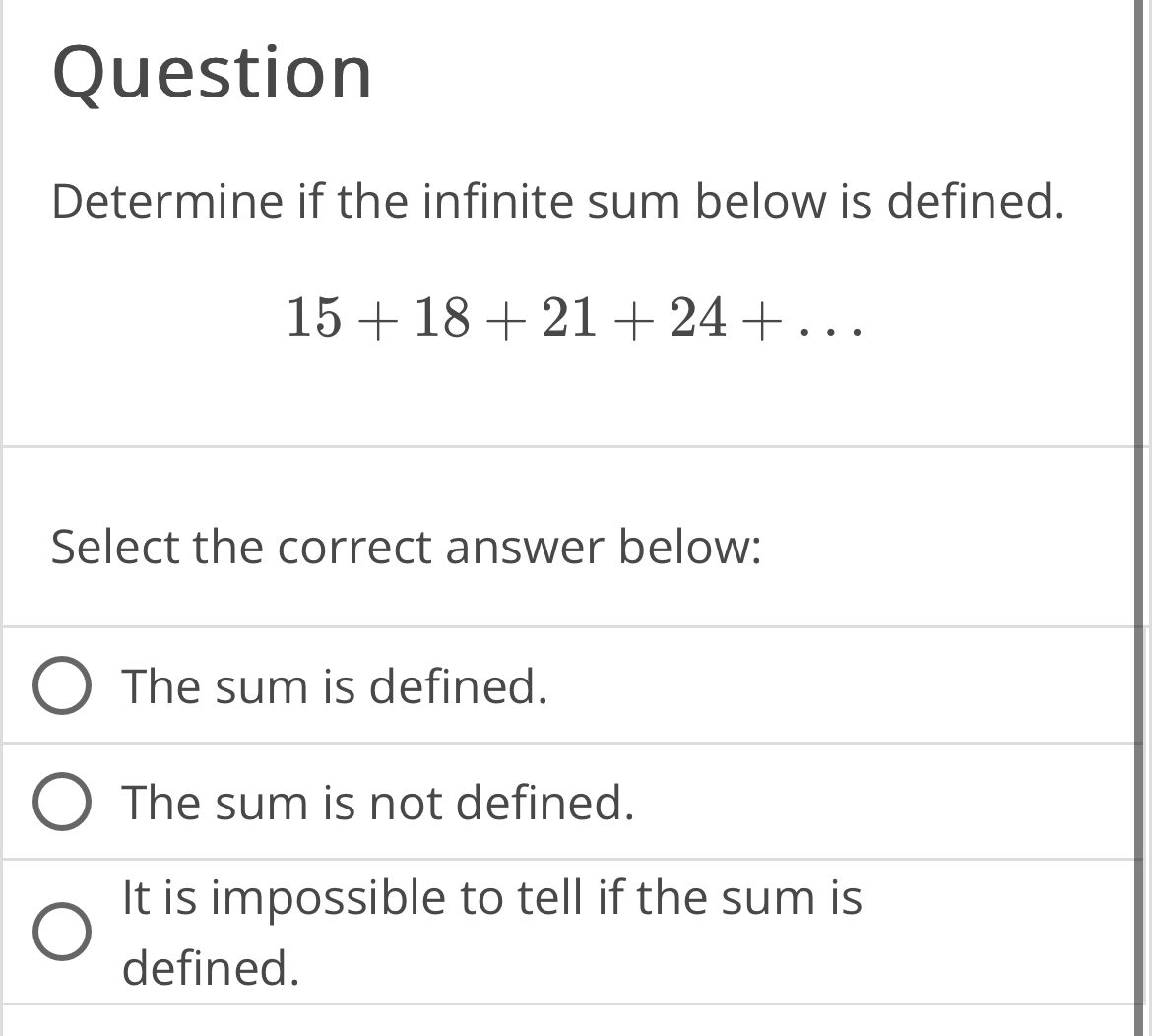 Solved QuestionDetermine if the infinite sum below is | Chegg.com