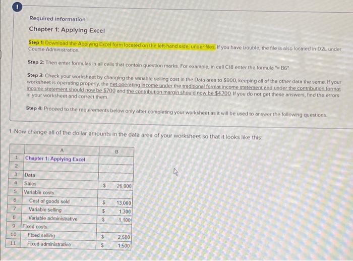 Solved ! Required information Chapter 1: Applying Excel Step | Chegg.com