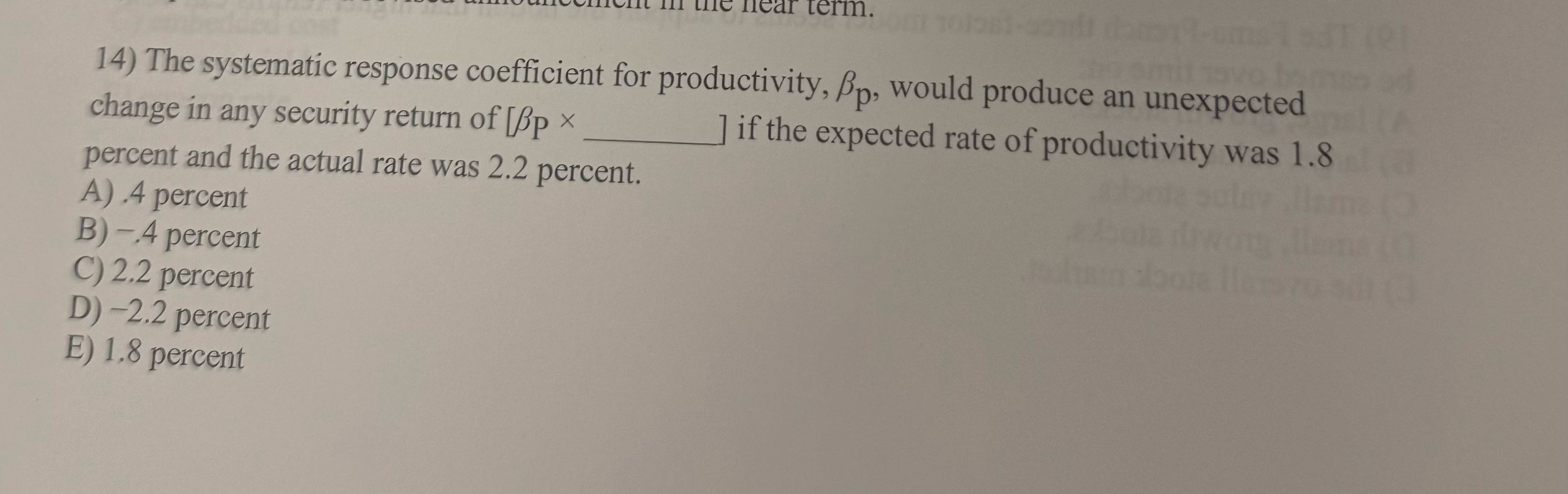 Solved The systematic response coefficient for productivity, | Chegg.com