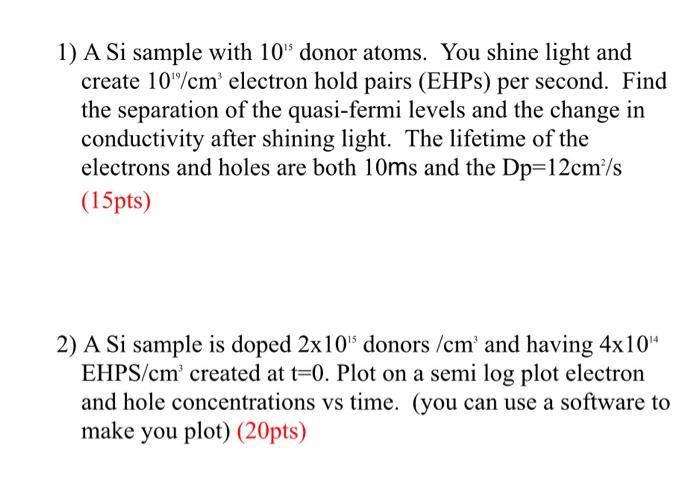 Solved 1) A Si sample with 1015 donor atoms. You shine light | Chegg.com