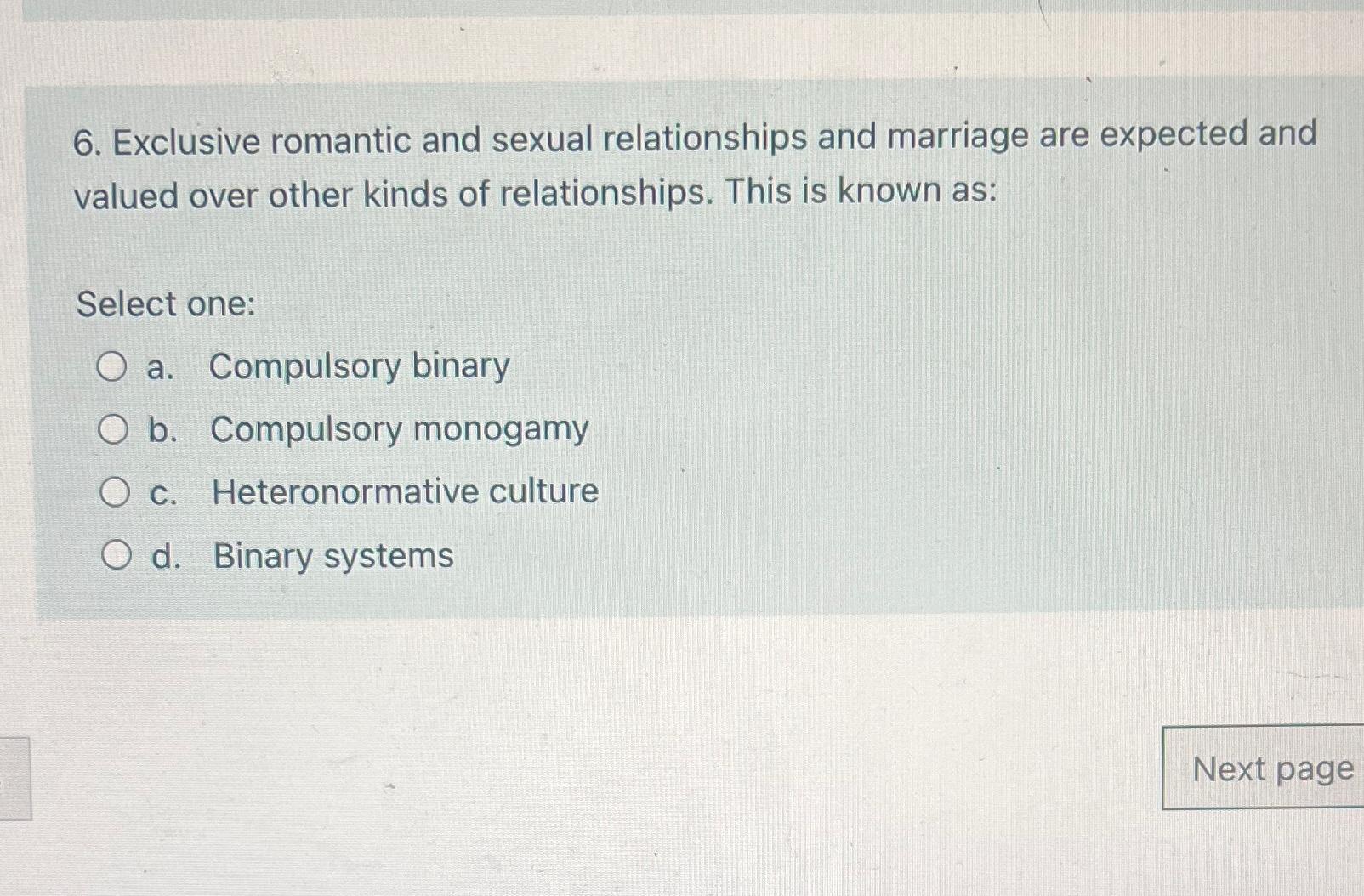 Solved Exclusive romantic and sexual relationships and | Chegg.com