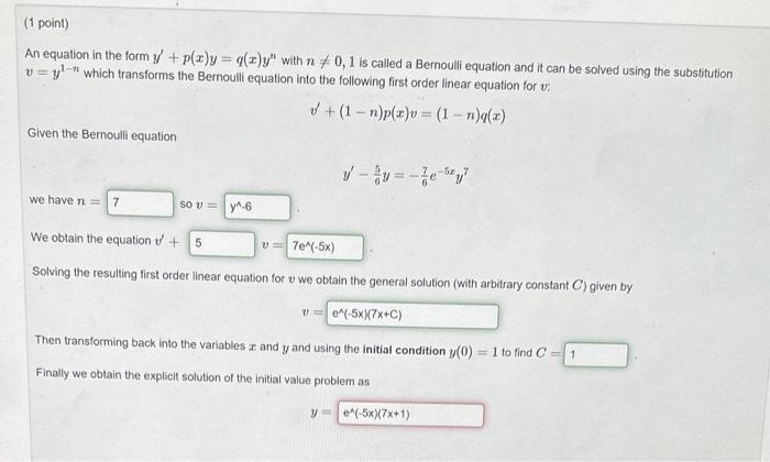 Solved An equation in the form y′+p(x)y=q(x)yn with n =0,1 | Chegg.com