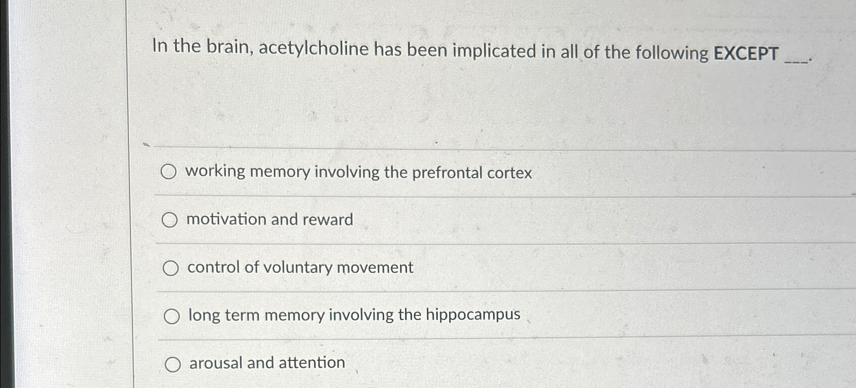 Solved In the brain, acetylcholine has been implicated in | Chegg.com