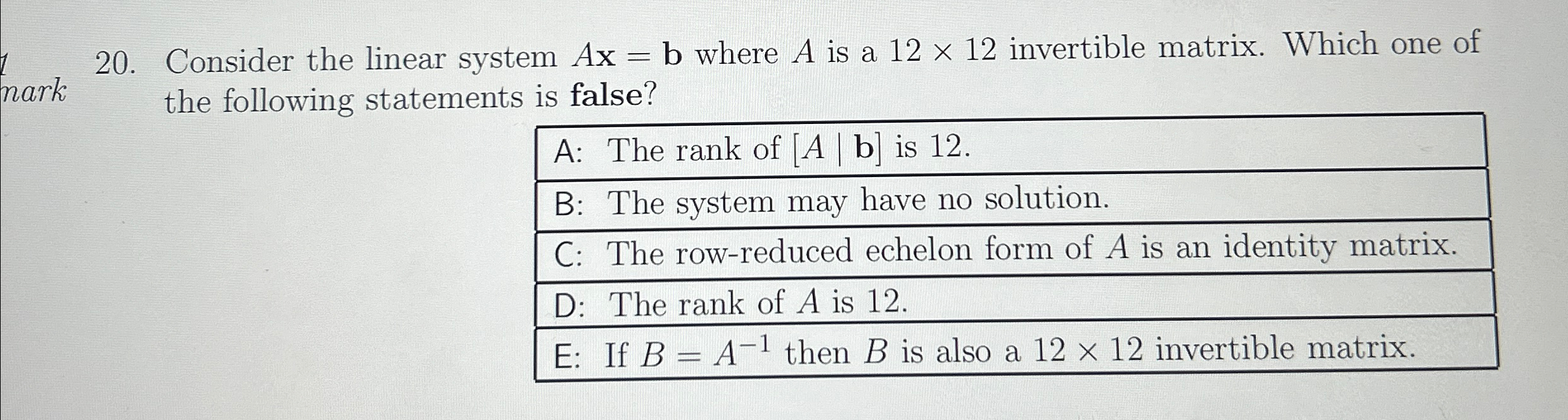 Solved Consider the linear system Ax=b ﻿where A ﻿is a 12×12 | Chegg.com