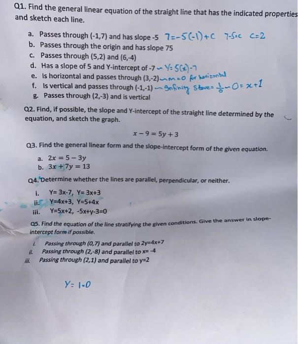 Solved Q1. Find the general linear equation of the straight | Chegg.com