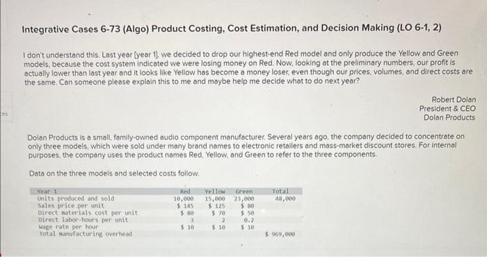 Solved Integrative Cases 6-73 (Algo) Product Costing, Cost | Chegg.com