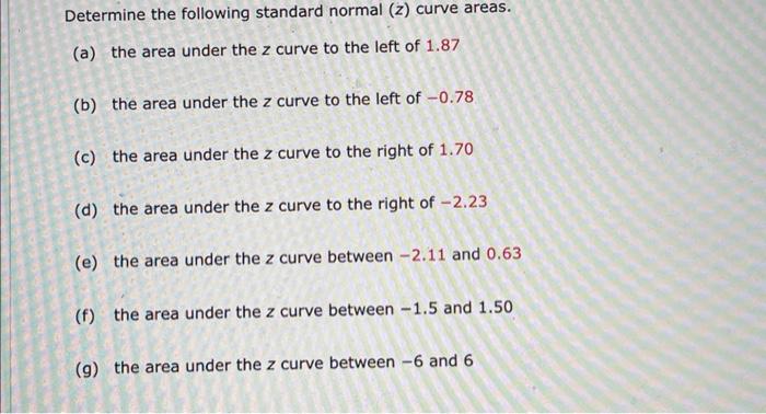 Solved Determine the following standard normal (z) curve | Chegg.com