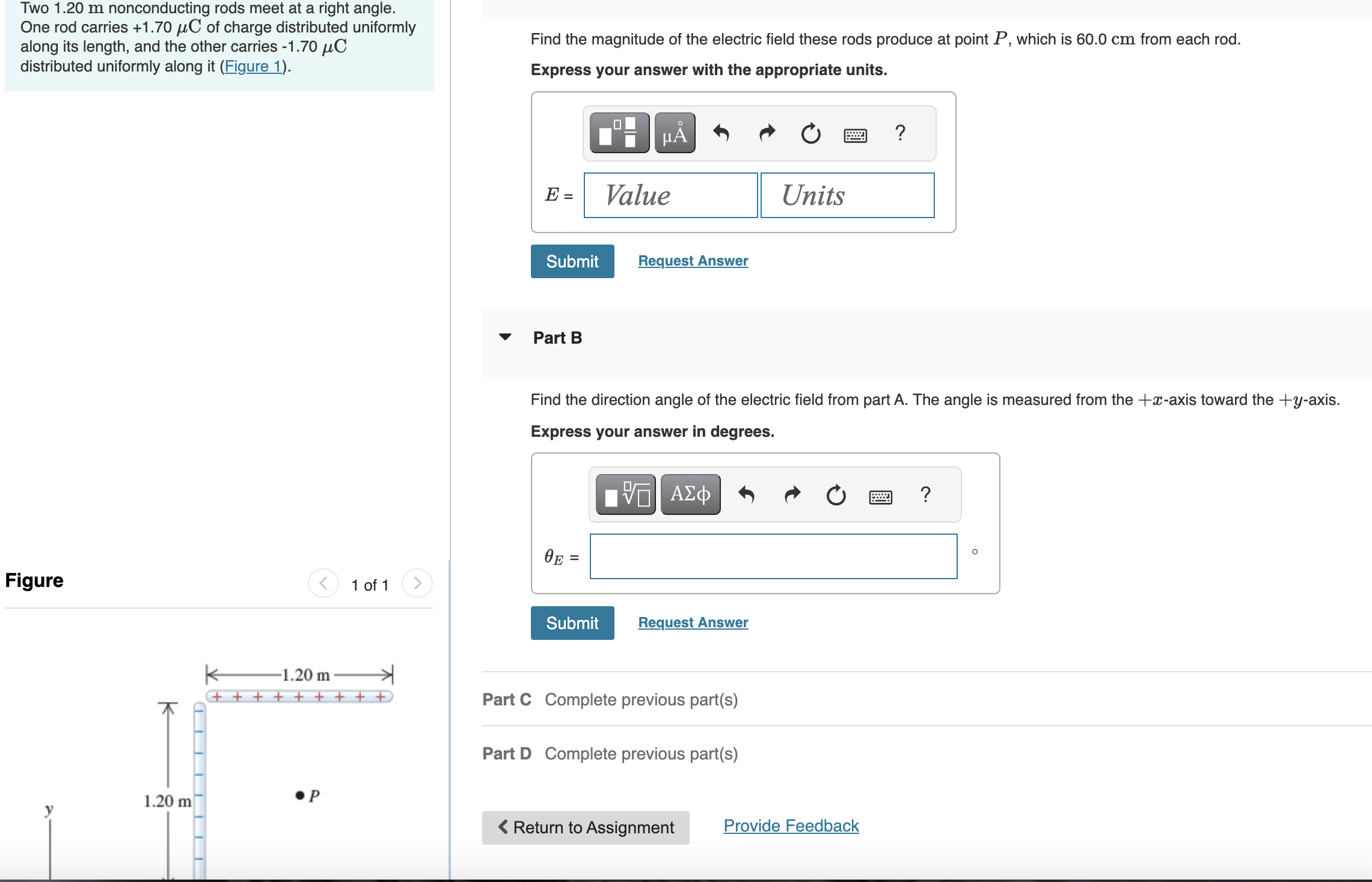 Solved Two 1.20m ﻿nonconducting rods meet at a right | Chegg.com