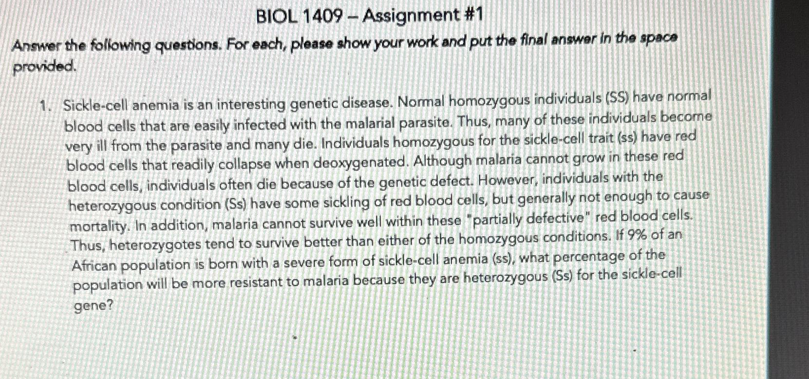 Solved BIOL 1409 - ﻿Assignment #1Answer the following | Chegg.com