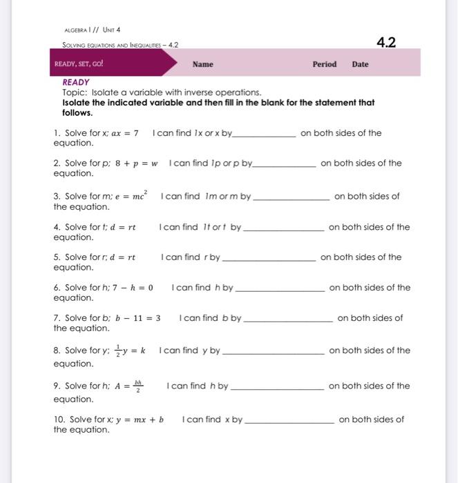 Solved ALGEBRA I // UNIT 4 SOLVING EQUATIONS AND INEQUALITES | Chegg.com