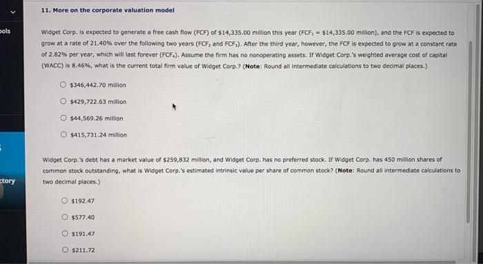 Solved 11. More on the corporate valuation model pols Widget | Chegg.com