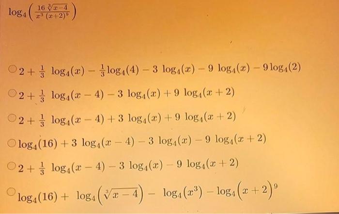 Solved log4(x3(x+2)9163x−4)2+31log4(x)−31log4(4)−3log4(x)−9l | Chegg.com