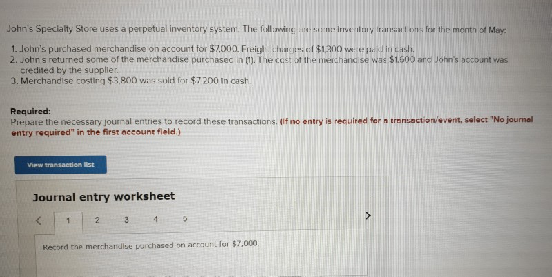 Solved John's Specialty Store uses a perpetual inventory | Chegg.com