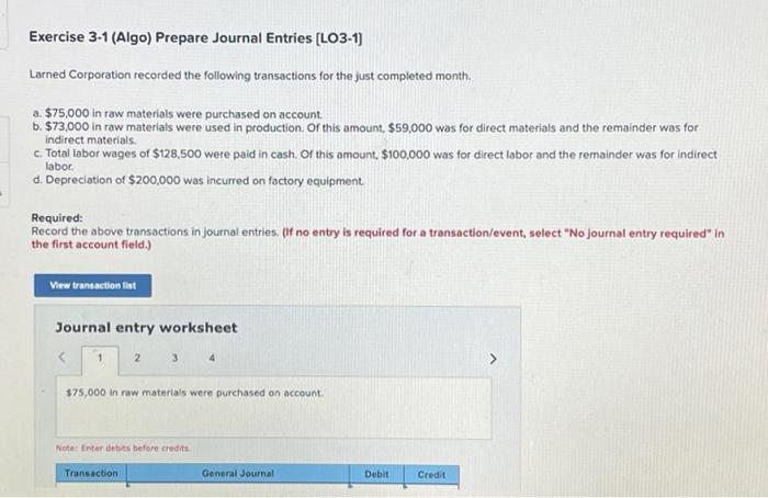 Solved 5 Exercise 3-1 (Algo) Prepare Journal Entries [LO3-1] | Chegg.com
