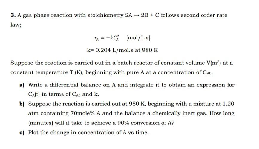 Solved 3. A gas phase reaction with stoichiometry 2A + 2B + | Chegg.com