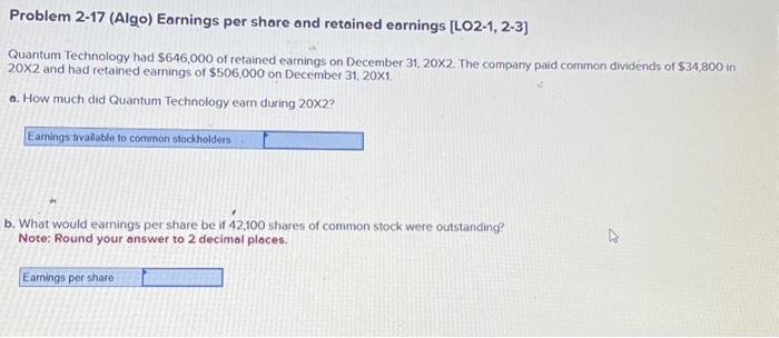 Solved Problem 2-17 (Algo) Earnings per share and retained | Chegg.com