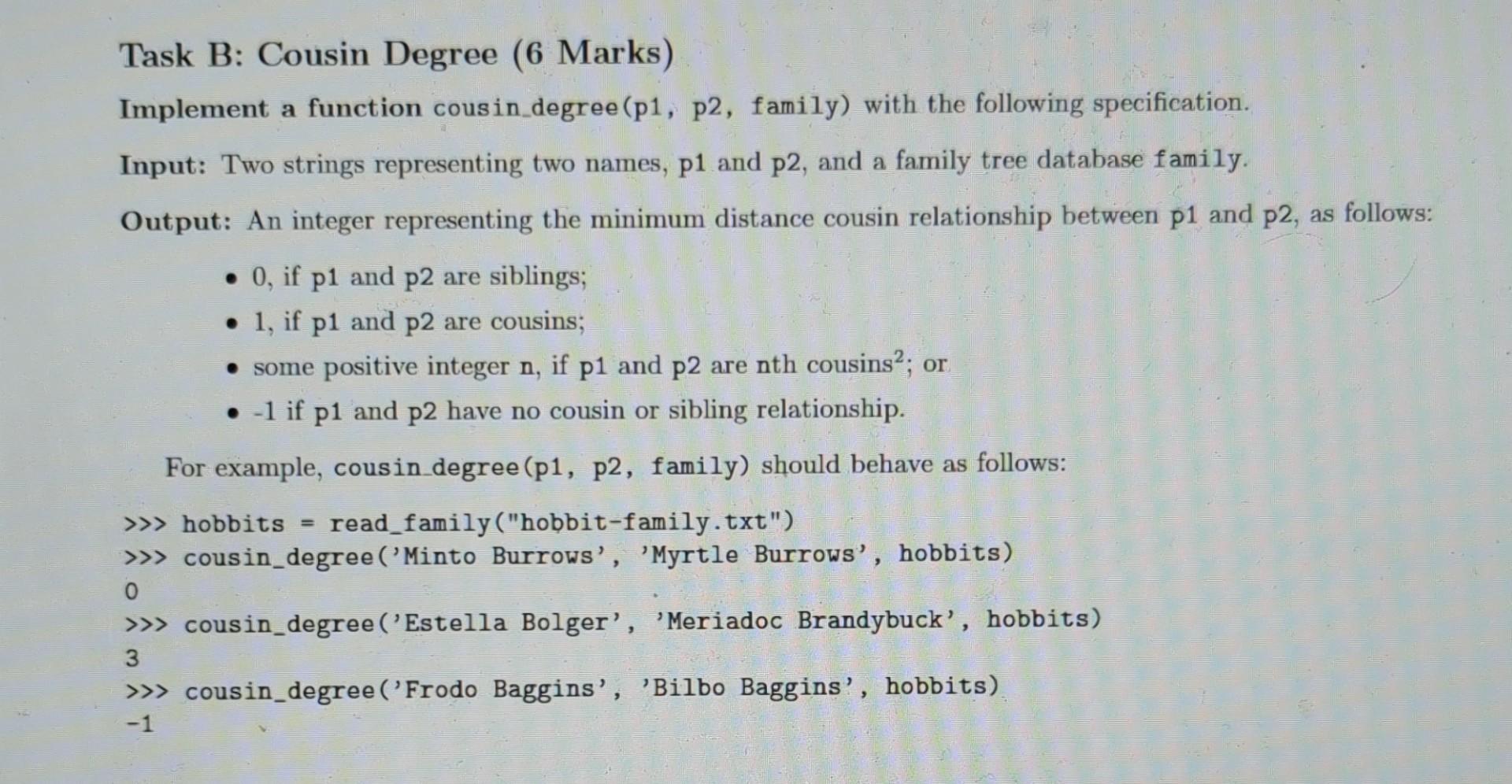 Solved Task B: Cousin Degree (6 Marks) Implement a function | Chegg.com