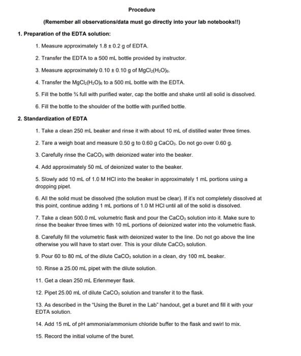 Experiment 5A Standardization of EDTA solution | Chegg.com