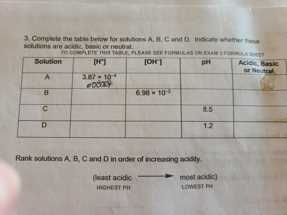 Solved 3. Complete the table below for solutions A, B, C and | Chegg.com