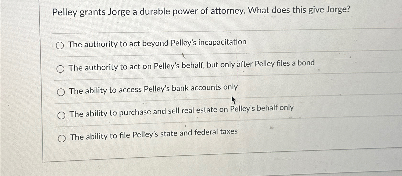 Solved Pelley grants Jorge a durable power of attorney. What | Chegg.com Solved Pelley grants Jorge a durable power of attorney. What | Chegg.com