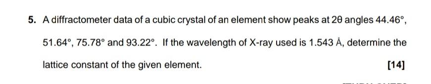 Solved 5. A diffractometer data of a cubic crystal of an | Chegg.com