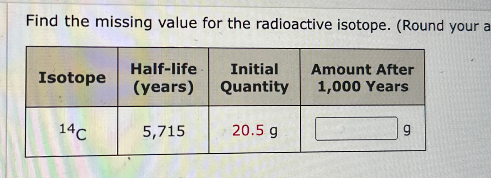 Solved Find the missing value for the radioactive isotope. | Chegg.com