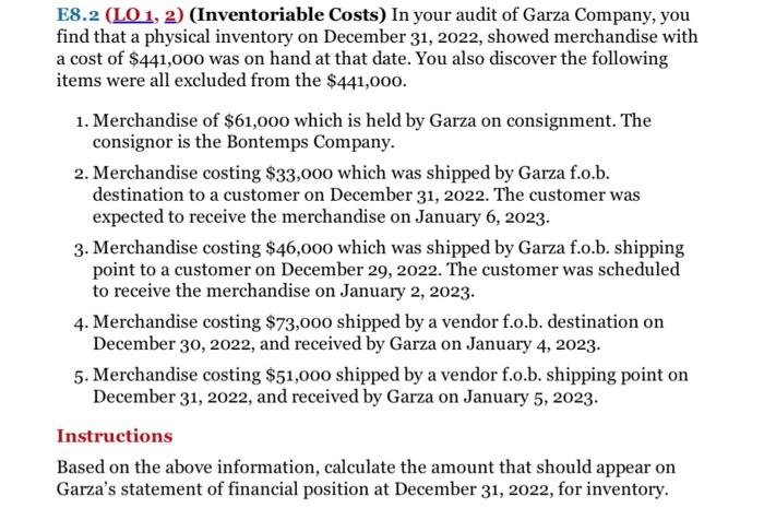 Solved E8.2 (LO1,2) (Inventoriable Costs) In your audit of | Chegg.com