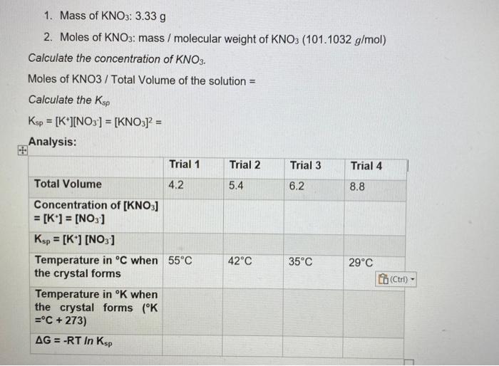 1. Mass of KNO3:3.33 g 2. Moles of KNO3 : mass / | Chegg.com