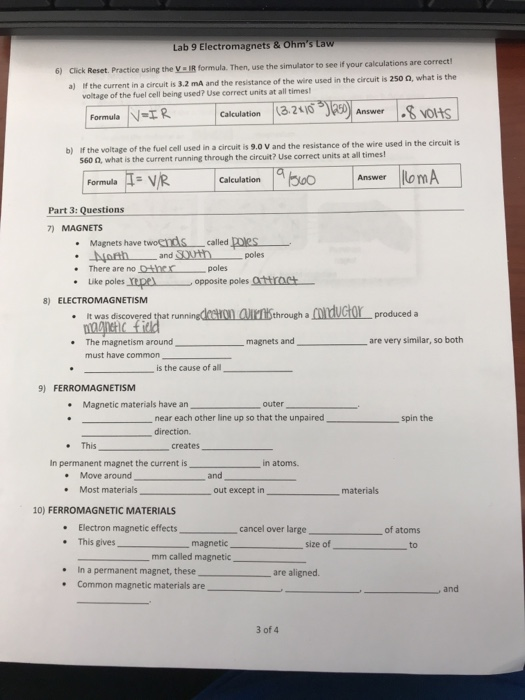 Lab 9 Electromagnets & Ohm's Law 6) Click Reset. | Chegg.com