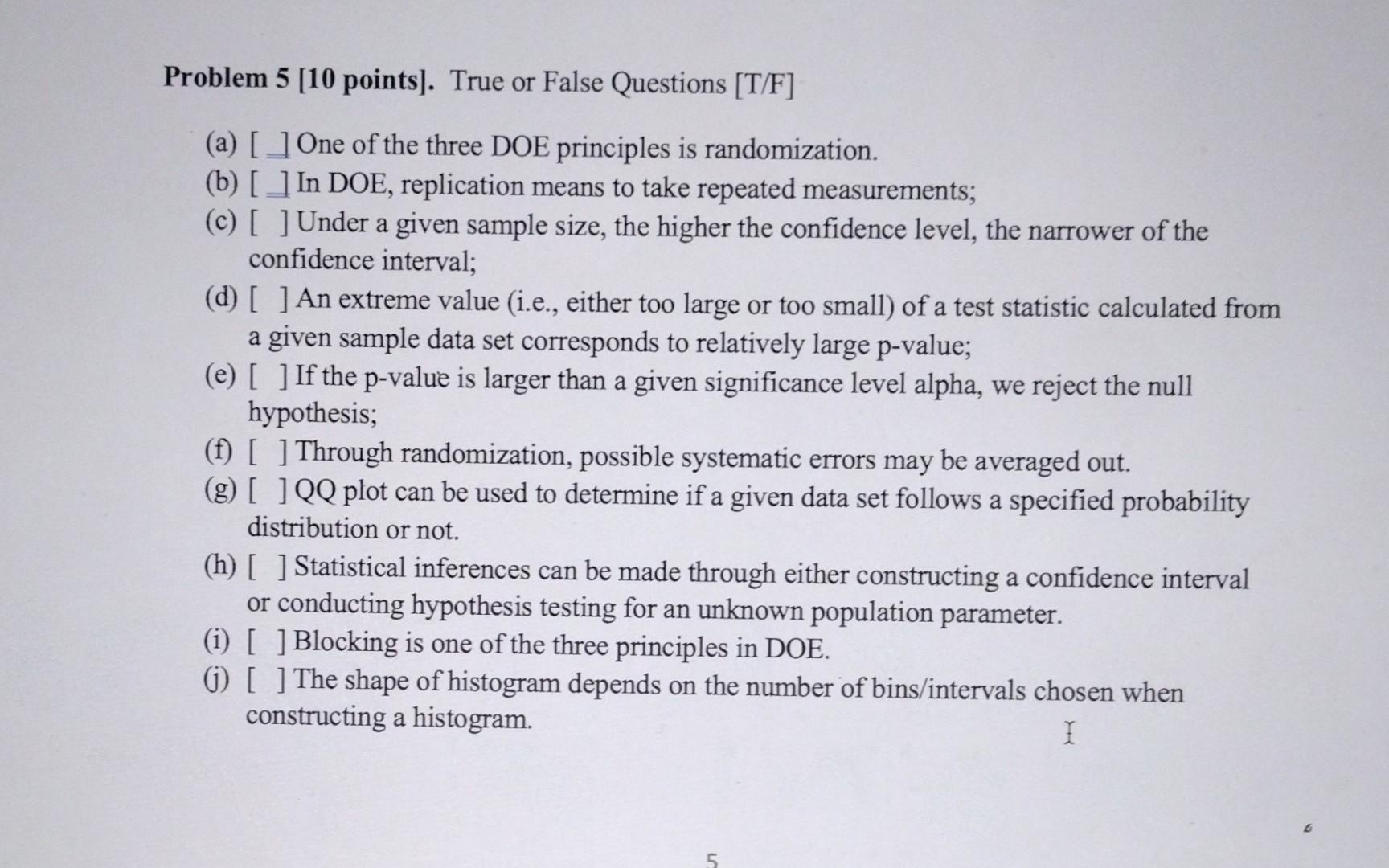 Solved Problem 5 [10 points]. True or False Questions [T/F] | Chegg.com