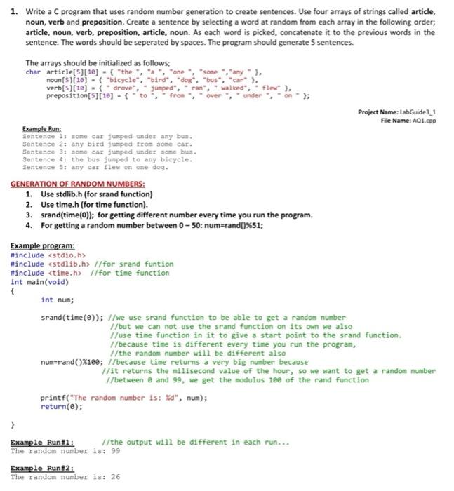 Solved 1. Write a C program that uses random number | Chegg.com