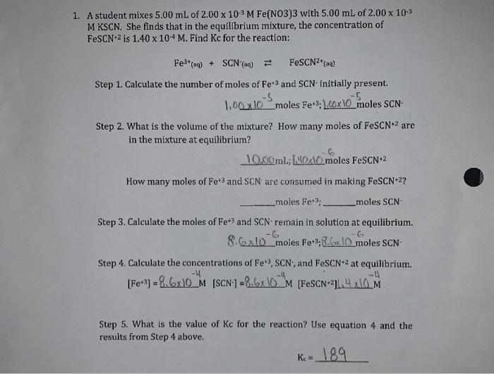 Solved 1. A student mixes 5.00 mL of 2.00 x 10-3 M Fe(NO3)3 | Chegg.com