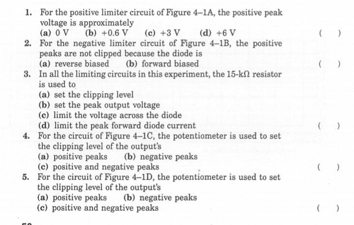 Solved ( ) 1. For the positive limiter circuit of Figure | Chegg.com