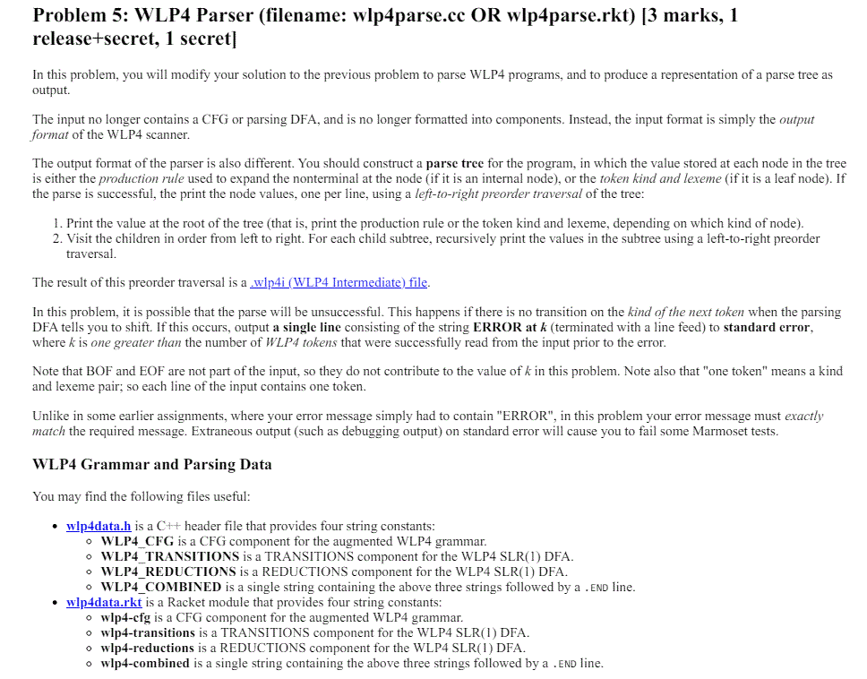 Solved Problem 5: WLP4 ﻿Parser (filename: wlp4parse.cc OR | Chegg.com