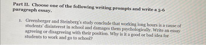Part II. Choose one of the following writing prompts | Chegg.com