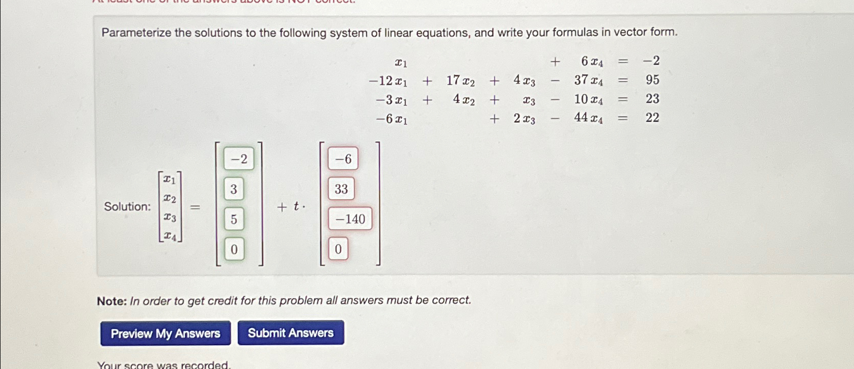 Solved Parameterize the solutions to the following system of | Chegg.com