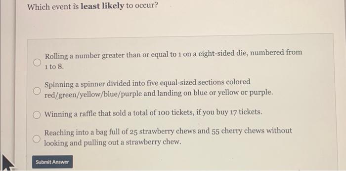 Solved Which event is least likely to occur? Rolling a | Chegg.com