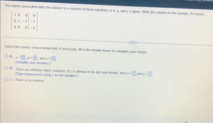 Solved The matrix associated with the solution to a system | Chegg.com