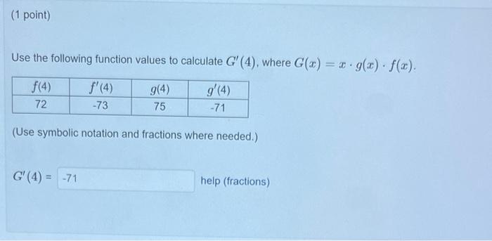 Solved (1 point) Use the following function values to | Chegg.com