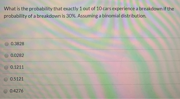Solved What is the probability that exactly 1 out of 10 cars | Chegg.com