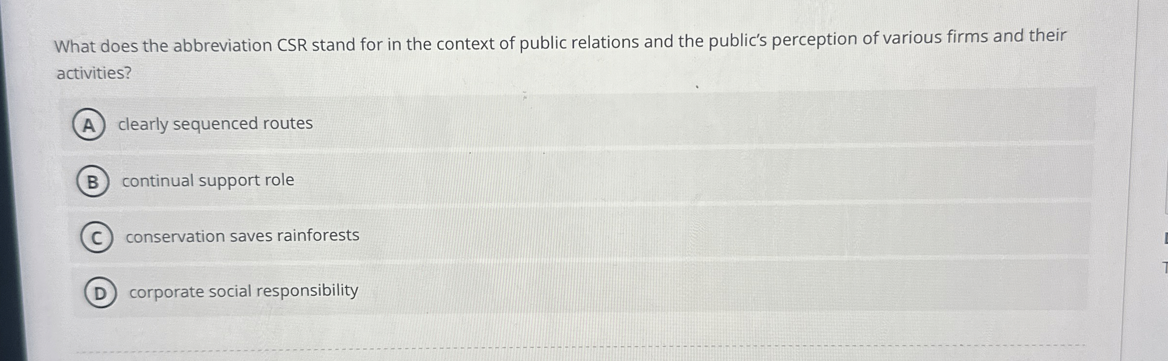 Solved What does the abbreviation CSR stand for in the | Chegg.com
