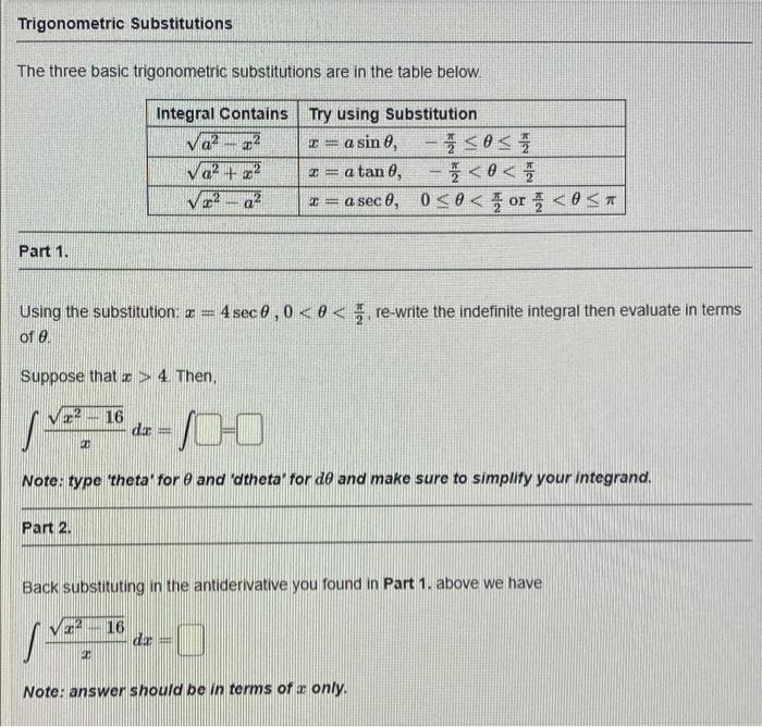 Solved Trigonometric Substitutions The three basic | Chegg.com
