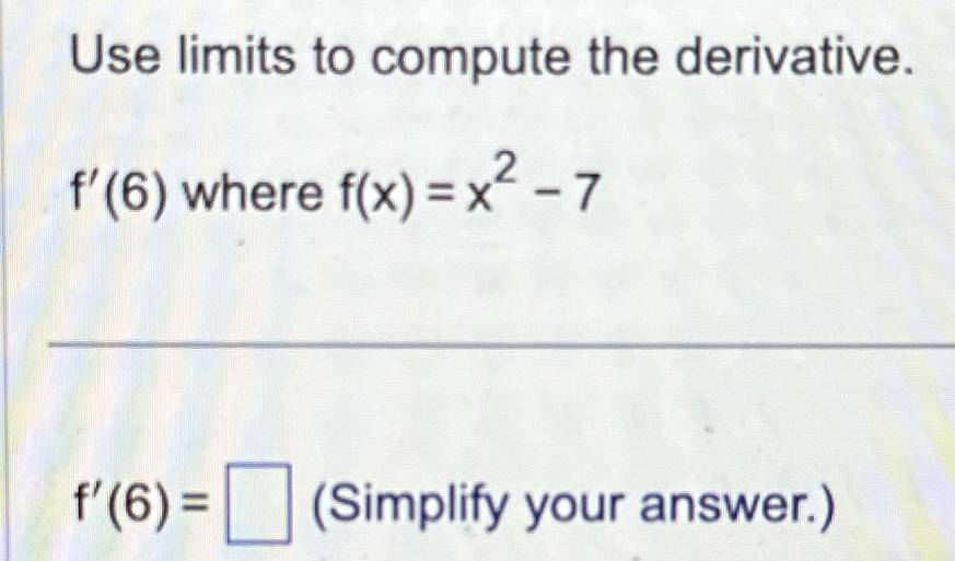 Solved Use limits to compute the derivative.f'(6) ﻿where | Chegg.com