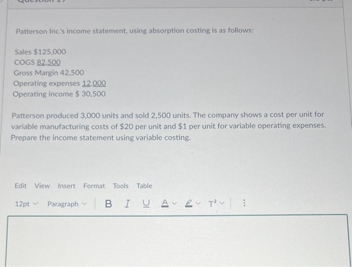 Solved Patterson Inc's income statement, using absorption | Chegg.com