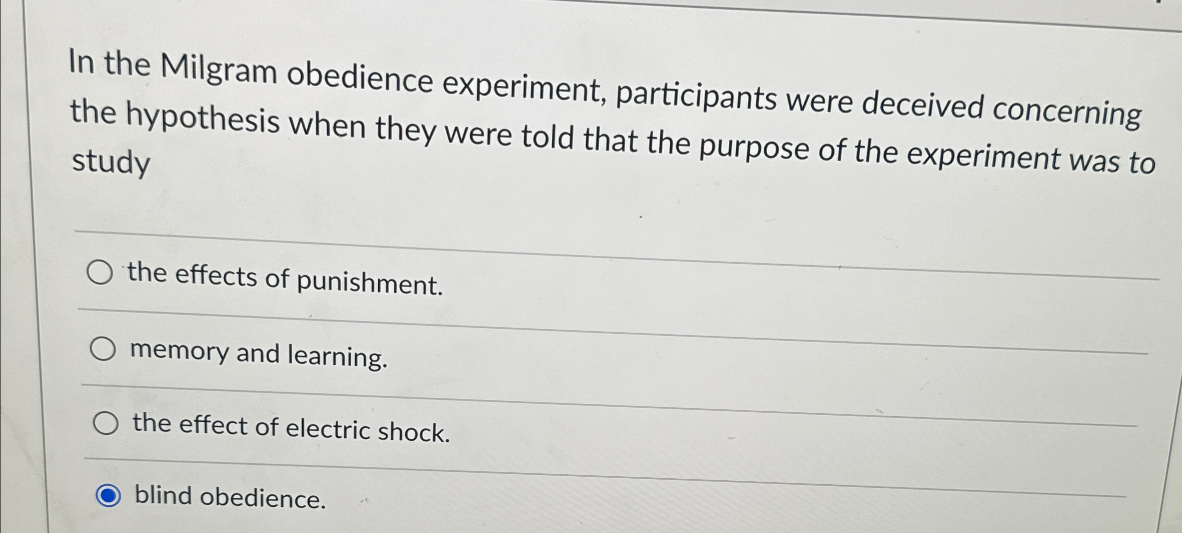 Solved In the Milgram obedience experiment, participants | Chegg.com
