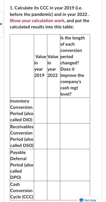 1. Calculate its CCC in year 2019 (i.e. before the | Chegg.com